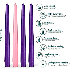 BRUBAKER 4 pcs Advent Candles Purple and Pink - 10 Inch Taper Candles for Christmas, Church and Celebrations - Unscented and Dripless - Made in Europe
