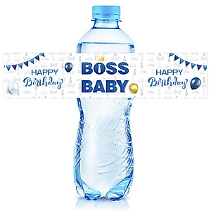 Ambishi 32 Pcs Boss Boy Water Bottle Labels, Boys 1st Birthday Party Decoration Stickers, Baby Shower/Gender Reveal Party Favors Water Bottle Decor Sign