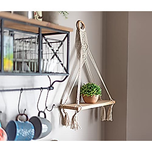 Macrame Wall Hanging Shelf, Bohemian Indoor Wall Décor, Wood Hanging Macrame Floating Shelf, Handmade Woven Twisted Cotton Rope Plant Hanger
