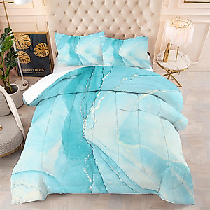 EDGZKO Blue Twin Comforter Set: Twin Size Light Blue Marble Bedding Sets for Teens Girls Kids Abstract Glitter Marbling Quilt Duvet Bed Set 1 Comforter & 1 Pillow Case