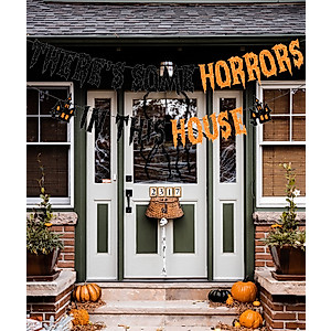 PTFNY There's Some Horrors In This House Banner Halloween Party Decorations Glittery Halloween Garland Banner with Haunted House Signs Halloween Circle Dots Banner for Haunted Houses Home Decorations