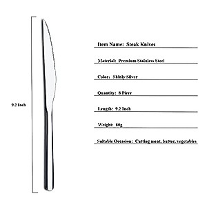 HOMQUEN Steak Knives, 8 Piece Premium Stainless Steel Steak Knife Set, Meat Knife Sets, German Steak Knives Serrated, Tomato Knife, For Home, Kitchen or Restaurant, Dishwasher Safe (Silver-9.2 Inch)