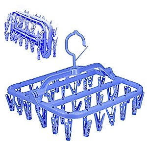 HAPY SHOP Foldable Laundry Hanger Drying Rack,Plastic Laundry Clip with 32 Clips,Clip Hanger Drip Drying Hanger Underwear Hanger with Clips for Socks, Bras, Lingerie, Clothes,Towel,Scarf,Blue