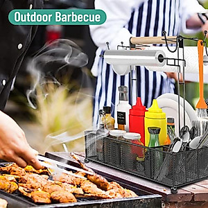 Grill Caddy for Camping Accessories, Picnic Condiment Caddy, BBQ Caddy Mesh Basket with 2 Paper Towel Holders & 6 Hanging Hooks, Kitchen Storage Organizer for Camping, Picnic, Buffet, Grill, Part