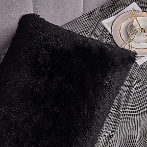 WERDIM Shaggy Fluffy Faux Fur Pillowcases 2 Pack Button Closure Velvet Pillow Shams Standard/Queen Size (Black, 20 X 26 Inches)
