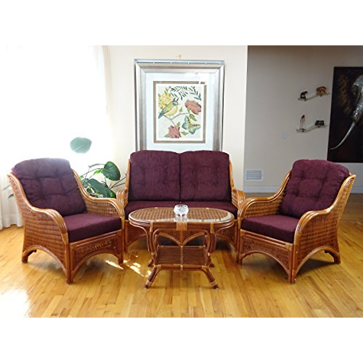 Jam Living Set of 2 Lounge Natural Rattan Chairs Loveseat with Dark Brown Cushions and Coffee Table w/Glass Handmade Design, Cognac