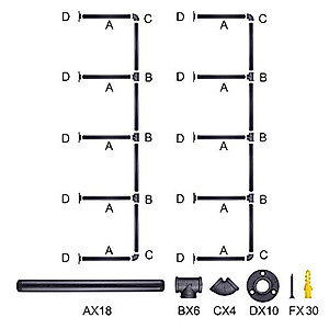 MUZIK 5 Tier Industrial Wall Mount Iron Pipe Shelf, 3/4 Inches Malleable Cast Iron Pipe Wall Mount Bookshelf Shelving Unit, DIY Open Bookshelf, Shelf Shelves, 2 Pack 52 Inch Tall