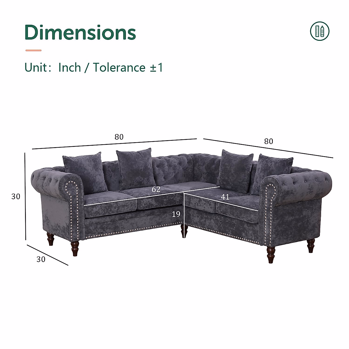 SIENWIEY Chesterfield Sectional Sofa,Deep 80 Inch Luxurious L Shaped Couch Button Tufted Velvet Sofa/Upholstered Rolled Arm with Rivets/Chesterfield Settee Modern 5 Seater Sofa for Living Room，Black