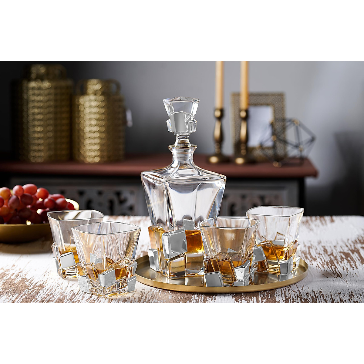 Barski - European Quality Glass - Crystal - Set of 6 - Square Shaped - Double Old Fashioned Tumblers - DOF - 11.7 oz. - with Platinum Ice Cubes Design - Glasses are Made in Europe