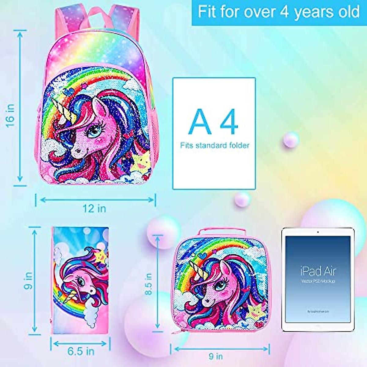 FTJCF 3PCS Unicorn Backpack, 16" Girls Rainbow Sequins Kids Bookbag with Lunch Box, School Bags for Elementary Preschool Kindergarten - Pink