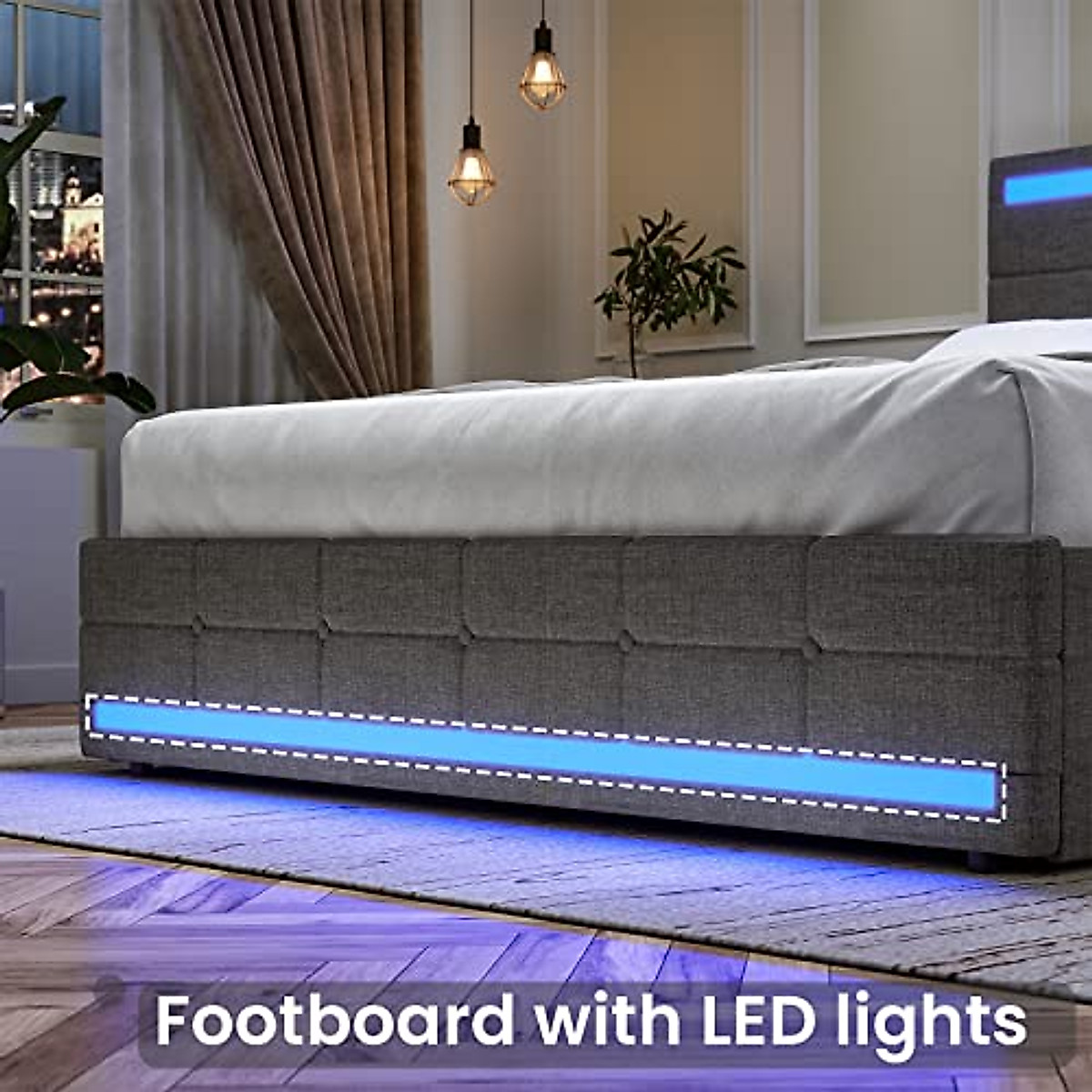 ADORNEVE Queen LED Bed Frame with 4 Drawers and 2 USB Charging Station, Queen Size Bed Frame with LED Lights Headboard Footboard, Upholstered Platform Bed with Storage, No Box Spring Needed, Dark Grey
