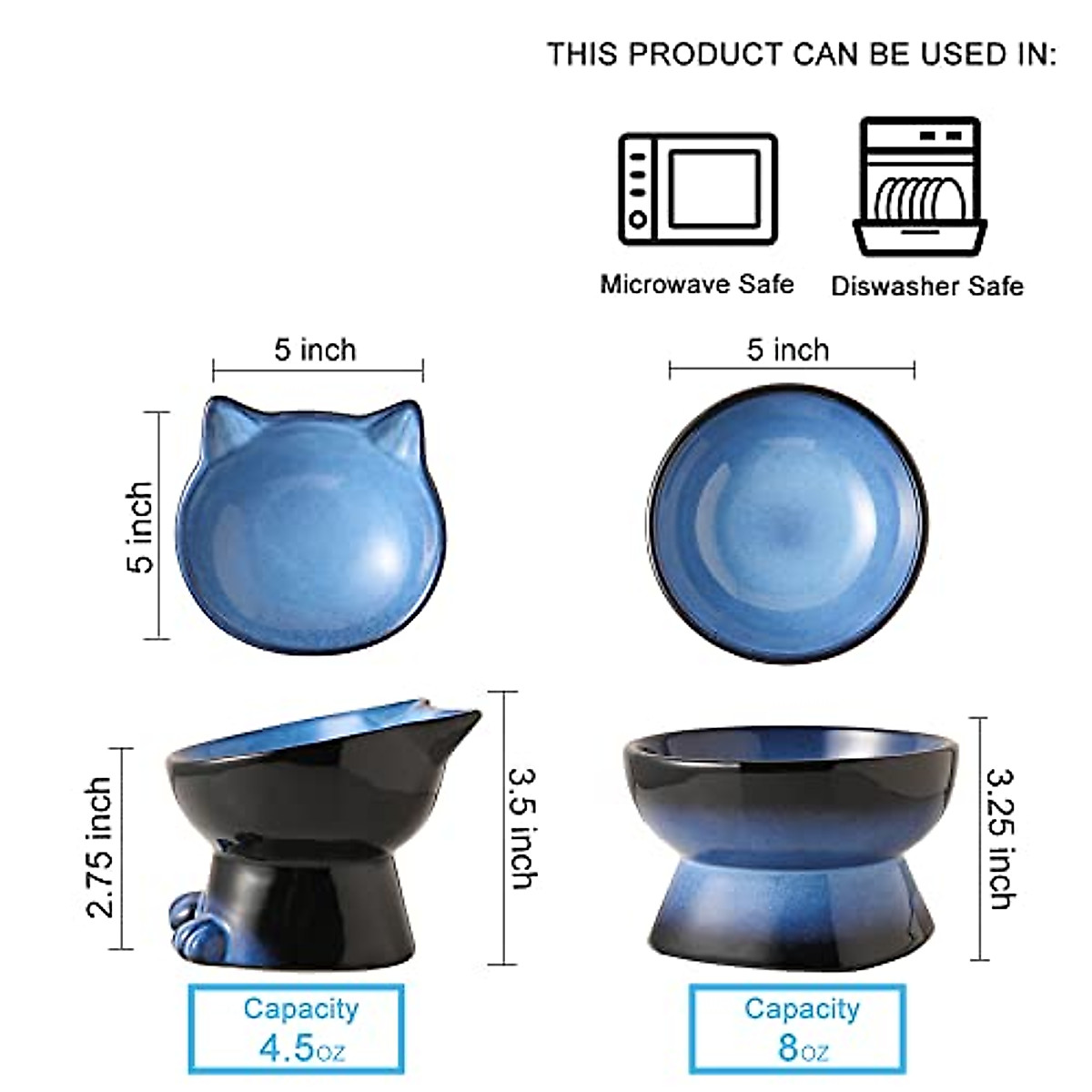 Nihow Elevated Cat/Dog Bowls Set : 5 Inch Ceramic Raised Cat Food and Water Bowl Set for Protecting Pet's Spine - Feeding & Watering Supplies for Pets- Elegant Blue & Black (2PC)