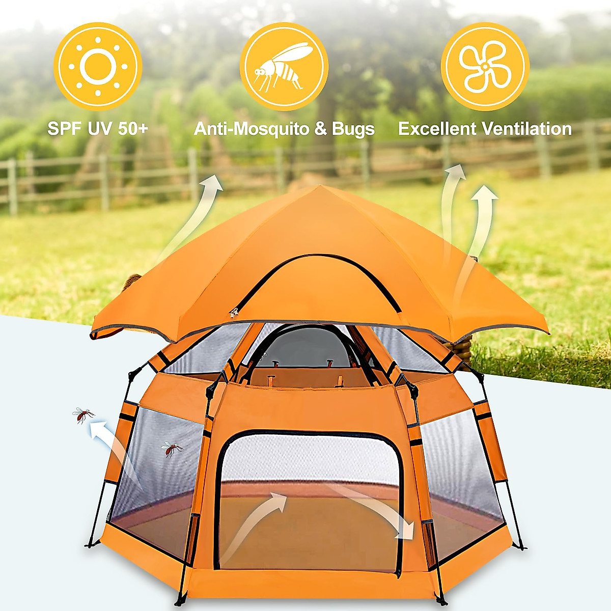 CELETOY Baby Pop Up Playpen with Canopy, Pop Up Baby Pop Up Tent with Safety Lock, Portable Toddler Play Yard with Travel Bag, 6 Ground Stakes, 6 Sand Stakes