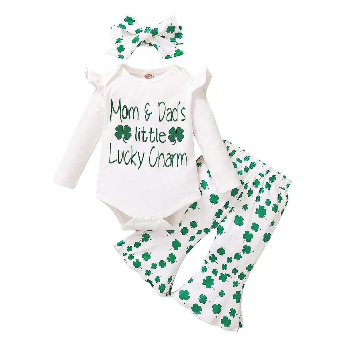 Shalofer Baby St Patricks Day Outfit Girl Newborn My First St Patrick's Day Bodysuit(Green-Flare pants,0-3 Months)