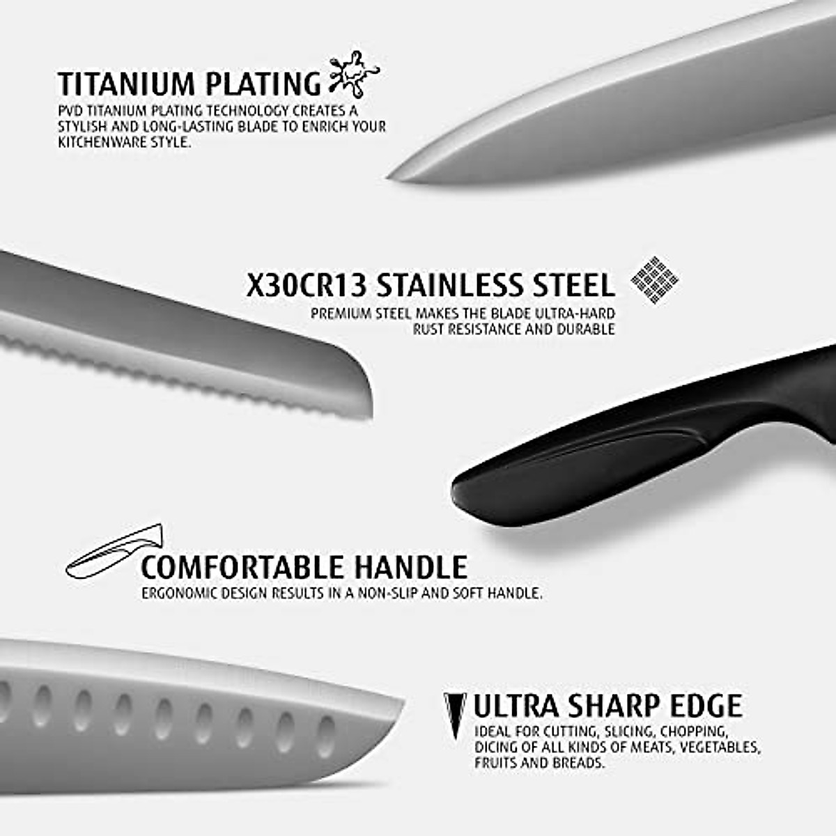 hecef 25 pcs Kitchen Knife Set with Block - 8 Cooking Knives, 8 Serrated Steak Knives, 4 Cutting Mats, Pizza Wheel, Scissors, Peeler, Knife Sharpener & Acrylic Stand (Gray Titanium)