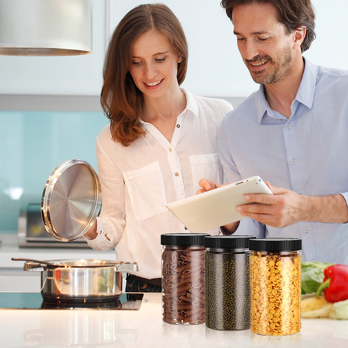 Sunnyray 24 Pieces 27 oz Clear Plastic Jars with Lids Airtight PET Plastic Containers Empty Wide Mouth Plastic Mason Jar with Black Screw on Lids for Food Kitchen Organizing Butter Cosmetics Cream