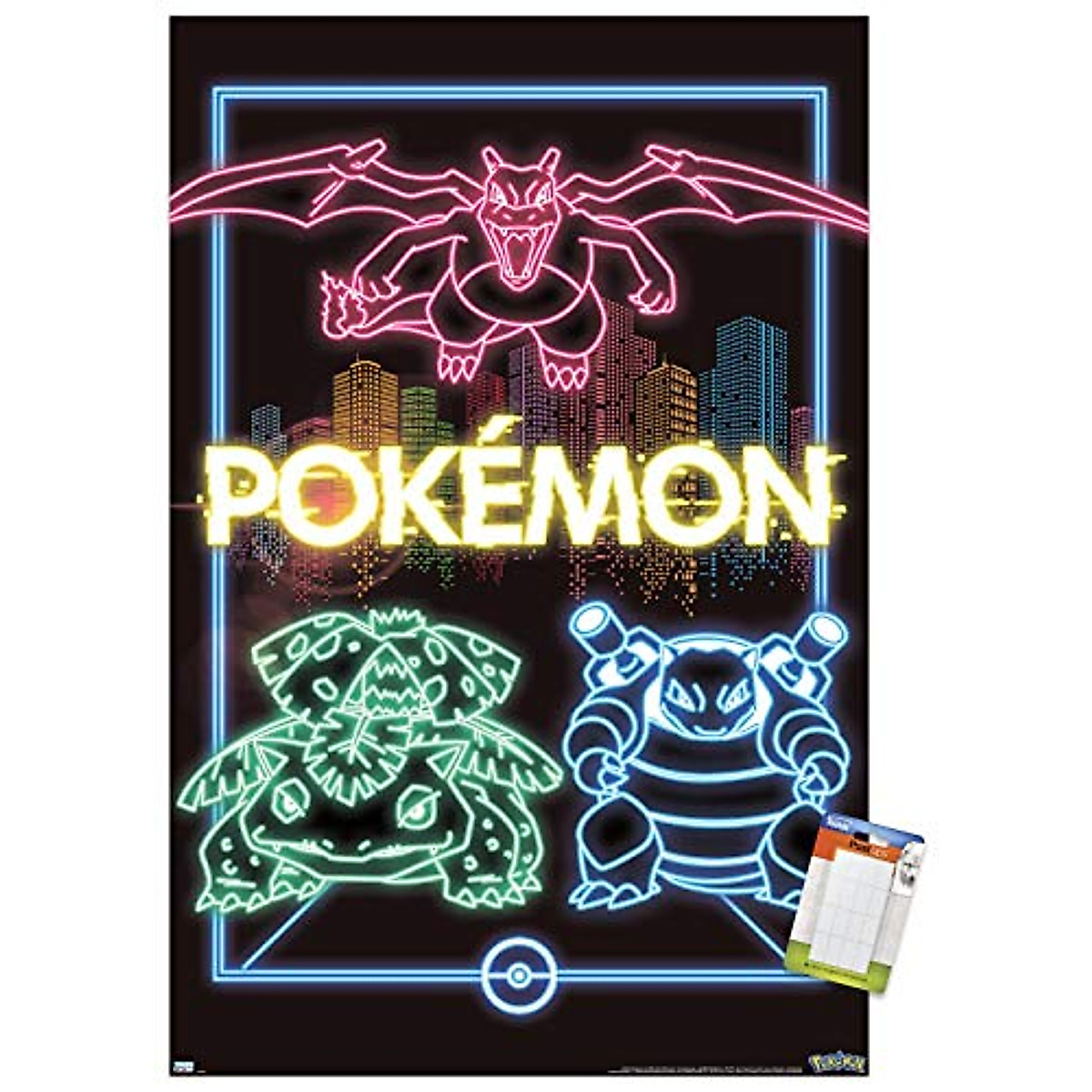 Trends International Pokémon - Neon Group Wall Poster, 22.375" x 34", Poster & Mount Bundle