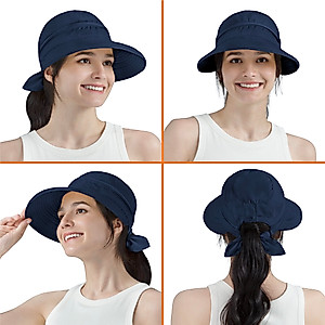 SUN CUBE Women Sun Hat for Outdoor UV Protection, Wide Brim Sun Hat Ponytail, Convertible Zip-Off Beach Hat Visor for Golf Gardening Pool Travel, Foldable Summer UPF50+ Visor Hat, Navy