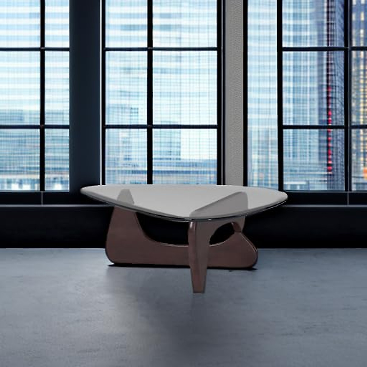 Rimdoc Triangle Coffee Table Modern Noguchi Vintage End Table, Solid Wood Base and Clear Glass Top Accent, for Living Room, Patio(Dark Walnut)