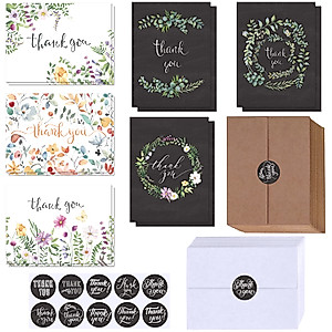 Winlyn 150 Sets Bulk Blank Thank You Cards with Envelopes Stickers Assortment 6 Design of Chalkboard Floral Watercolor Wildflower Thank You Greeting Cards Note Cards for Wedding Bridal Baby Shower