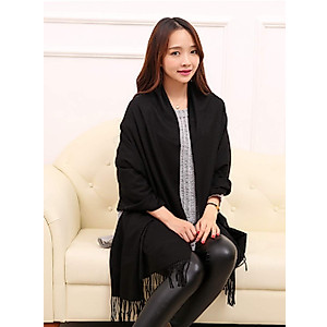 Anboor Super Soft Cashmere Blanket Scarf with Tassel Solid, Black, Size Large