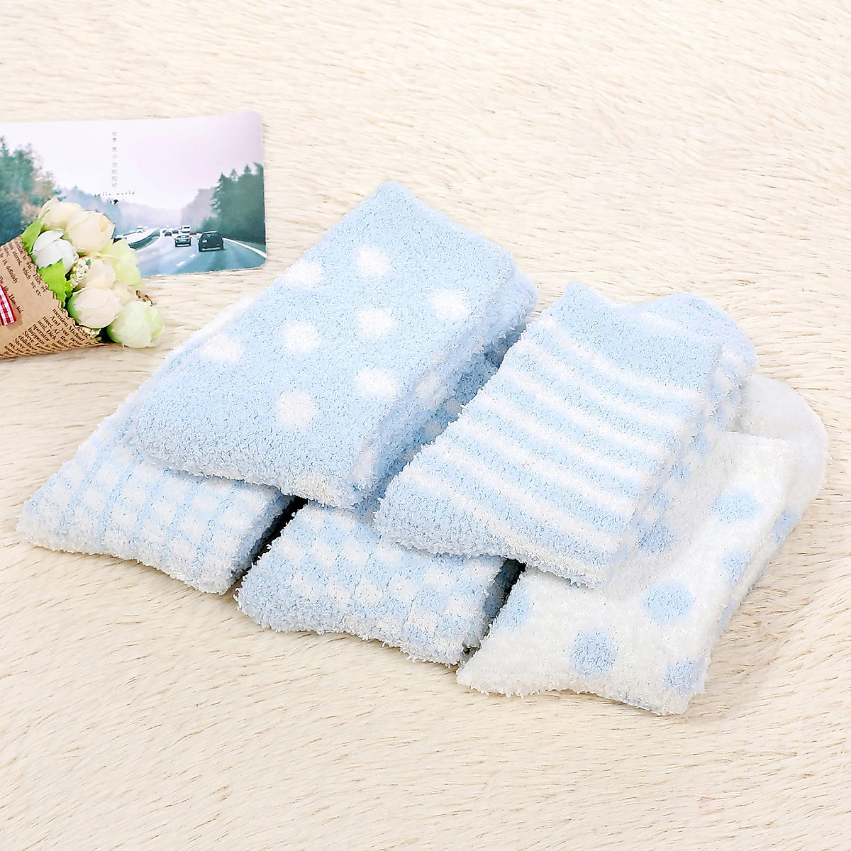 Zando Womens Fuzzy Socks for Girl Winter Socks Thick Warm Socks Fluffy Home Fuzzy Slipper Socks House Slipper Socks Bulk Cozy Comfy Plush Socks Sleeping Christmas Socks 5 Pairs Blue White Series