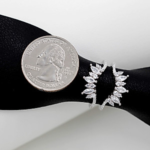 Women's Marquise-Shape CZ Engagement Band Guard Enhancers Silver Stacking Wedding Ring Set Platinum Plated (size 6)