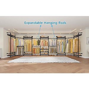 Timate L4 L Shape Garment Rack Heavy Duty Clothes Rack for Hanging Clothes, Expandable Industrial Pipe Clothing Rack, Wall Mounted Closet Organizer Large Wardrobe Closet Kit Corner Closet System Black