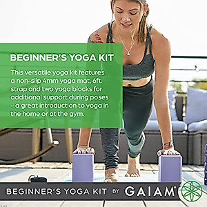 Gaiam Beginner's Yoga Starter Kit Set (Yoga Mat, Yoga Blocks, Yoga Strap) - Light 4mm Thick Printed Non-Slip Exercise Mat for Everyday Yoga - Includes 6ft Yoga Strap & 2 Yoga Bricks - Purple Marrakesh