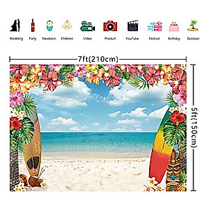 Summer Hawaii Beach Backdrop 7x5FT Aloha Tropical Palm Flower Blue Sky Ocean Surfboard Hawaiian Photography Background Baby Shower Birthday Party Decor Luau Photoshoot Tiki Photo Booth Props