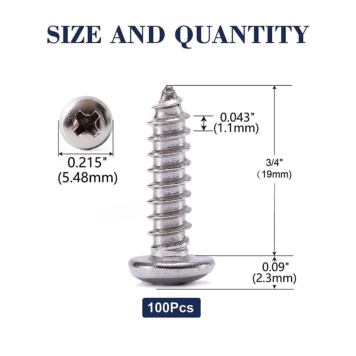 #4 x 3/4" Wood Screw 100Pcs 18-8 (304) Stainless Steel Pan Head Fast Self Tapping Drywall Screws by SG TZH