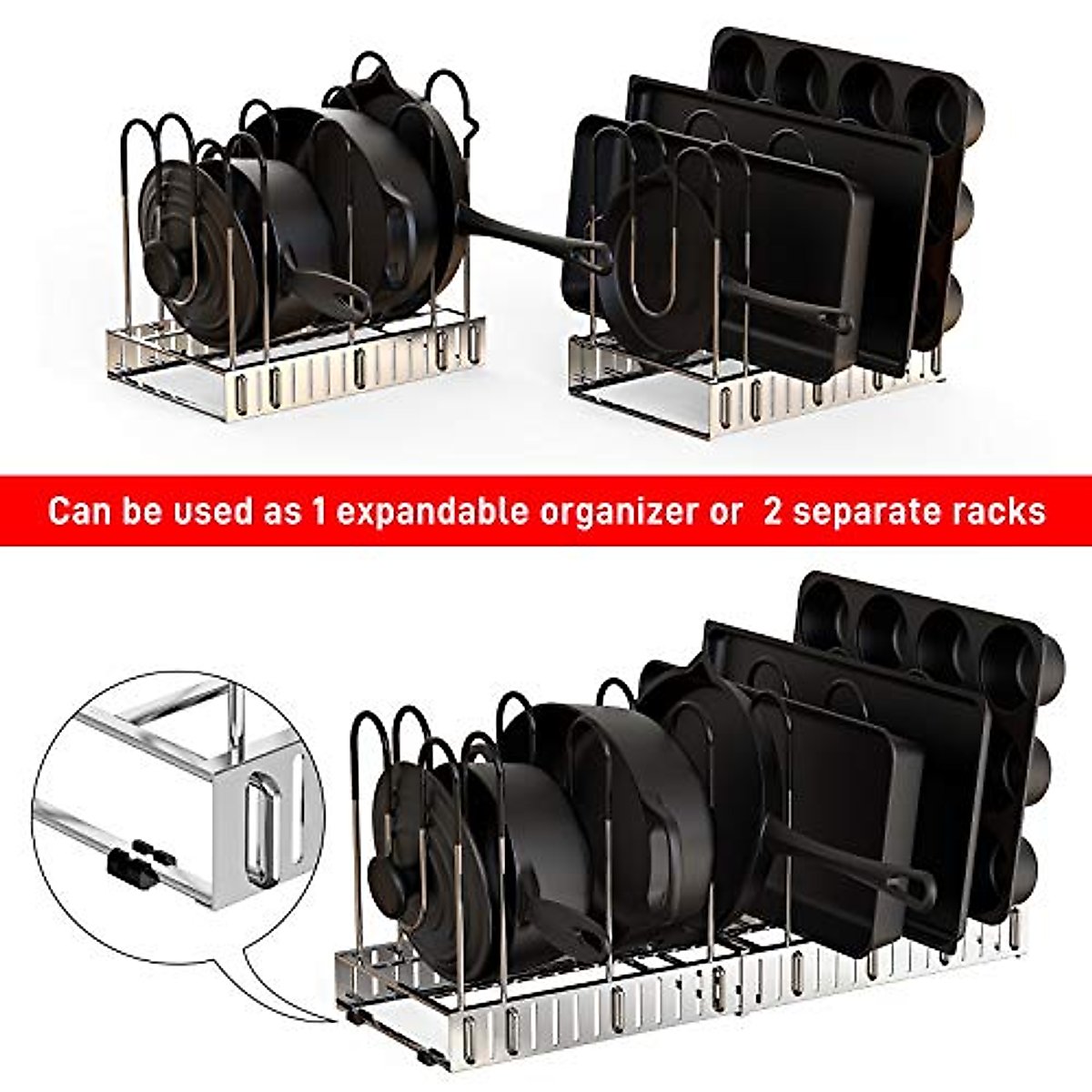 GeekDigg Pot Rack Organizer under Cabinet, 3 DIY Methods, Height and Position are Adjustable 8+ Pots Lid Holder & Pot and Pan Organizer for Cabinet, Extensible and Length Adjustable Lid Rack for 10+
