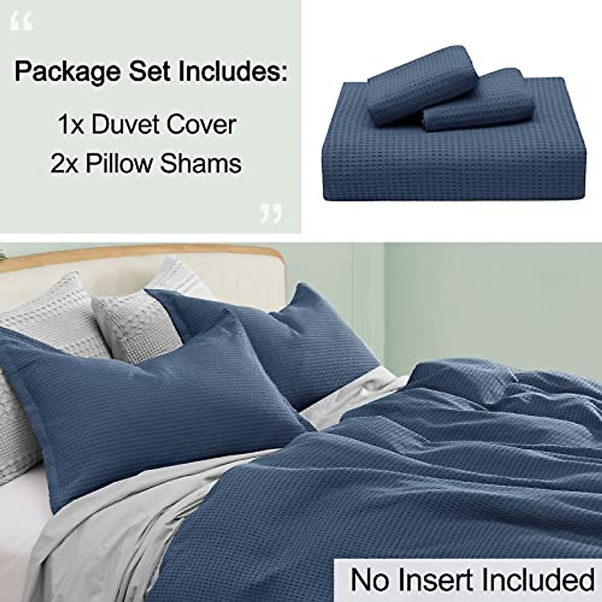 PHF Waffle Duvet Cover Queen Size, Ultra Soft Cotton Blend Comforter Cover Set, Comfy Breathable and Decorative Duver Cover Set with Pillow Shams Bedding Collection, 90"x90", Navy Blue