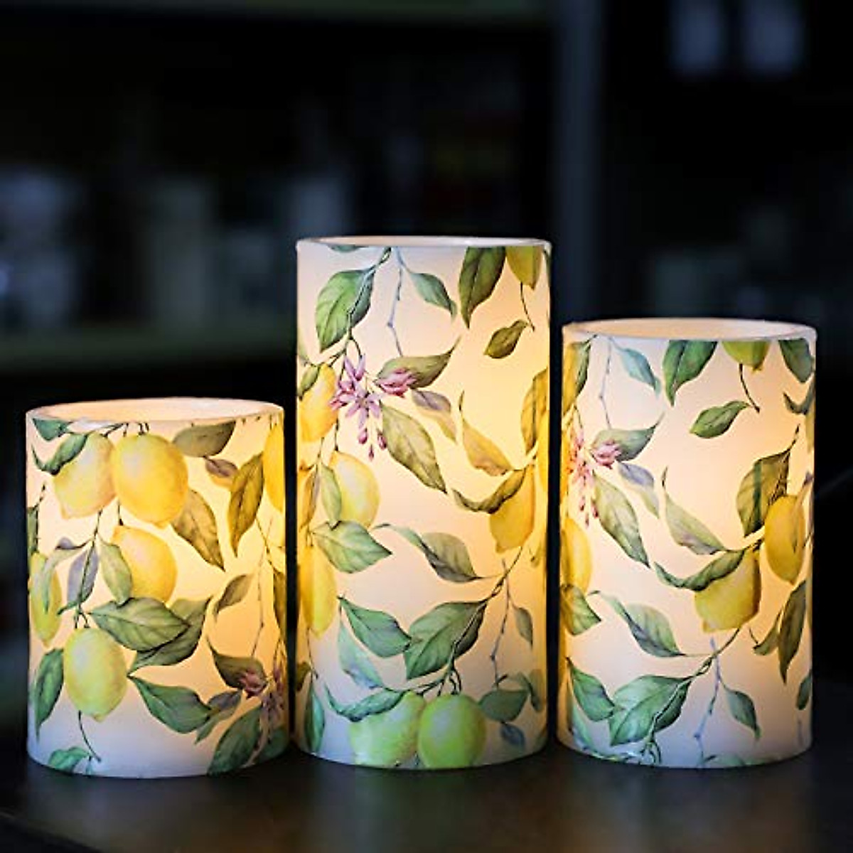 Silverstro Lemon Flameless Candles with 10-Key Remote, Lemon Tree Decal Real Wax LED Candles, Flickering Battery Operated Candles for Room Christmas Party Home Botanical Decor - Set of 3