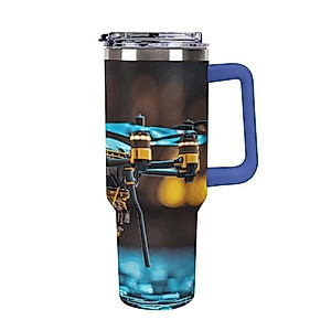 LLUTSNTH 40 Oz Vacuum Tumbler with Deep Blue Handle Leakproof Insulated Tumbler Drone Stainless Steel Travel Mug with Lid And Straw Coffee Cup Cute Water Bottles Cup Holder Friendly