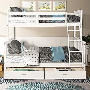 TRIPLE TREE Twin Over Full Bunk Bed with Ladder, Two Storage Drawers and Safety Guardrails, Solid Wood Bunk Beds Wooden Bed Frame for Teens, Adults, Can be Separate into 2 Single Beds, White
