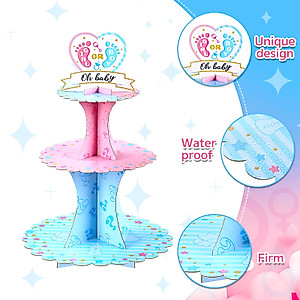 Gender Reveal Party Cupcake Stand Decorations, Blue and Pink 3 Tier Baby Shower Cupcake Toppers Tower Cardboard Supplies for Boy Girl Baby Gender Reveal Birthday Party Favors