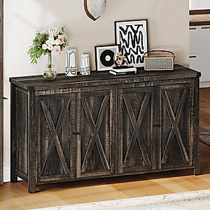 YITAHOME Farmhouse Sideboard Buffet Cabinet with Storage with 4 Doors, 55'' Large Kitchen Storage Cabinet, Wood Coffee Bar Cabinet with Adjustable Shelf for Kitchen, Living Room, Dark Oak