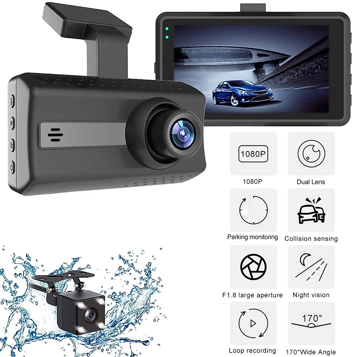 YLOMAY Dash Cam 2 Channel car Camera 1080P Dual Cameras FHD DVR 3.0" IPS Screen 170° Wide Angle G-Sensor Parking Monitor Loop Recording Motion Detection WDR Night Vision
