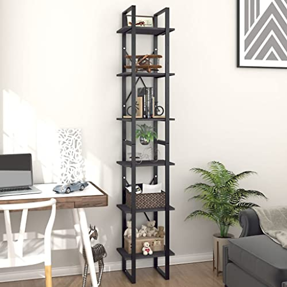 MNISDFL Industrial Shelves Large Etagere Bookshelf 6-Tier Book Cabinet Gray 15.7"x11.8"x82.7" Engineered Wood for Living Room, Study, Kitchen, Home Office