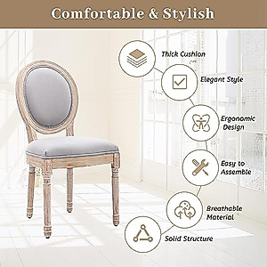 civama Dining Chairs Set of 4 French Vintage, Mid Century Upholstered Farmhouse Fabric Chair with Round Backrest and Solid Rubberwood Leg for Dining Room Bedroom Kitchen Restaurant, Light Grey