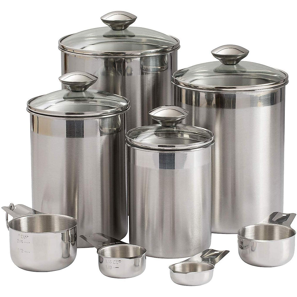 Kitchen Canister Set - Airtight Stainless Steel Canisters with Glass Lids - Clear See-Thru Top - Containers Set for Kitchen - Ideal for Food, Flour, Sugar, Coffee, Tea & Pantry Storage (8 Piece Large)