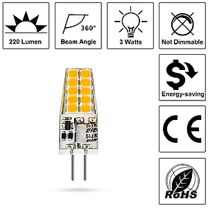 Yosenmi G4 LED Bulb 3W, 12V 20W G4 Halogen Bulb Equivalent, Warm White 3000K, Not Dimmable JC G4 Bi-Pin Base Light Bulb, 10-Pack