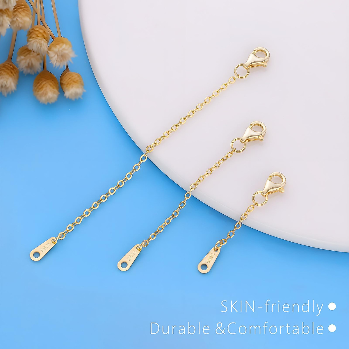 VANBARIS Necklace Extenders Gold Chain Extenders for Necklaces Extensions Sterling Silver Bracelet Extender Gold Necklace Extenders for Women 3 Piece Set, 1 2 3 Inch