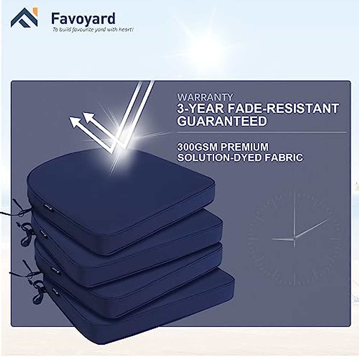 Favoyard Outdoor Chair Cushions 19"x19"x2" Set of 4 Waterproof Seat Cushion for Patio Furniture with 3-Year Fade Resistant Removable Cover Attach Straps Hidden Zipper Round Corner for Yard Garden