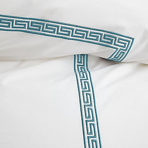 The Tangerine Store 3-Piece Maze Cotton Sateen Duvet Cover Set (102x90 inches) - King Size, White with Teal Blue Embroidered Edge - Zip Closure, 4 Corner Ties, Pre-Washed Fabric
