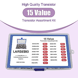 LARSEBEI 600-Piece 15 Values Transistors Assortment Kit Box Including 2N2222-S9018 NPN PNP Power General Purpose Transistors
