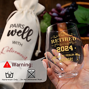 Retirement Gifts for Women Men- Retired 2024 Not My Problem Anymore Happy Retirement Gifts for Her Him Colleague Leader Boss Teacher Friend Nurse Coworker Retirement Wine Glass & Bottle Gift Bag Set