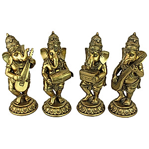 Design Toscano Musical Ganesha Hindu Elephant Men Band Statues, Set of Four Figurines, 7 inches tall, Cast Stone Resin, Antique Gold Finish
