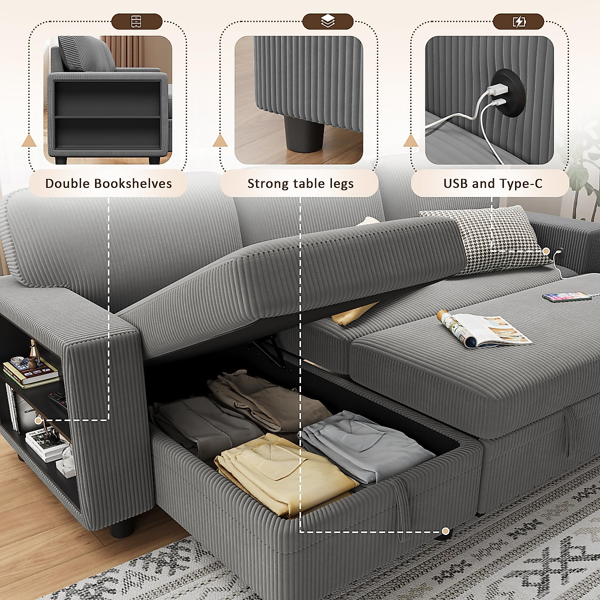 Flamaker 80" Sleeper Sofa, Sofa Bed with Built-in Large Storage and 2 Bookshelves, Convertible Sectional Sofa Couch, Pull Out Couch with USB, Modern Couches for Living Room (Corduroy, Light Grey)